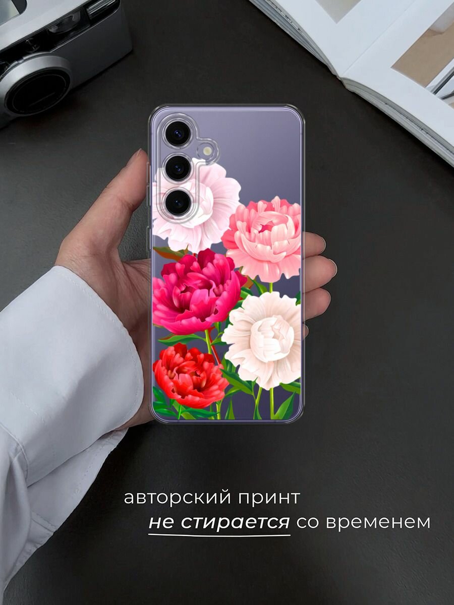Чехол на Samsung Galaxy S24 Plus / Самсунг S24 Plus с принтом "Большие пионы", прозрачный — фото 1