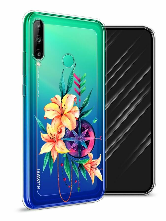 Чехол на Huawei P40 Lite E/Y7p/Honor 9C / Хуавей P40 Lite E/Y7p/Хонор 9C с принтом Компас в лилиях, прозрачный