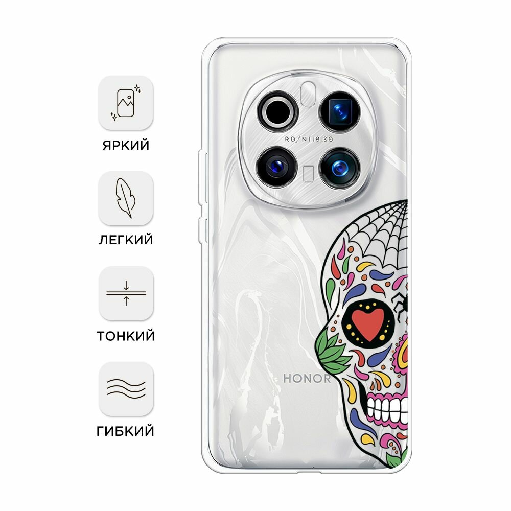 Чехол на Honor Magic 7 Pro / Хонор Мэджик 7 Про с принтом череп из мексики арт, прозрачный — фото 1