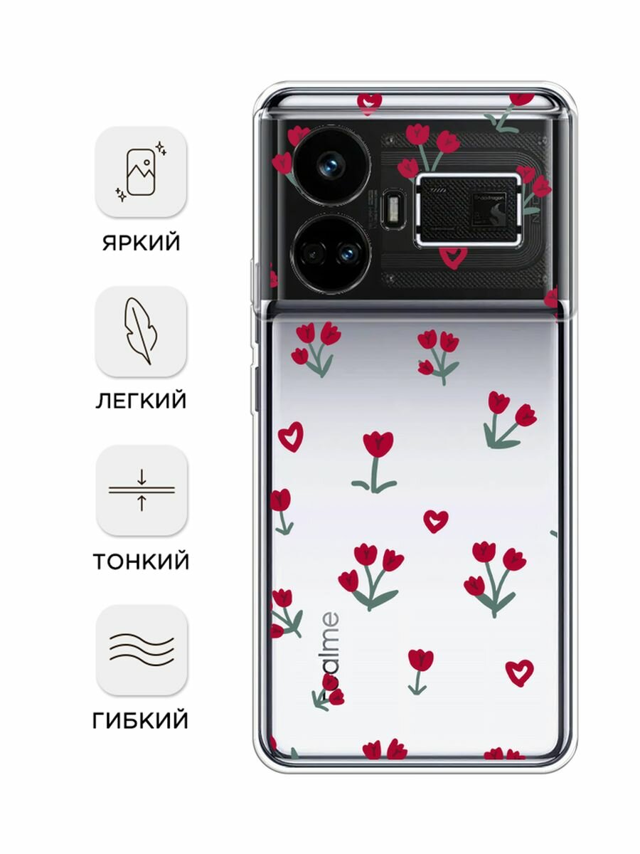 Чехол на Realme GT5 / Реалми GT5 с принтом "Красные тюльпанчики", прозрачный — фото 1