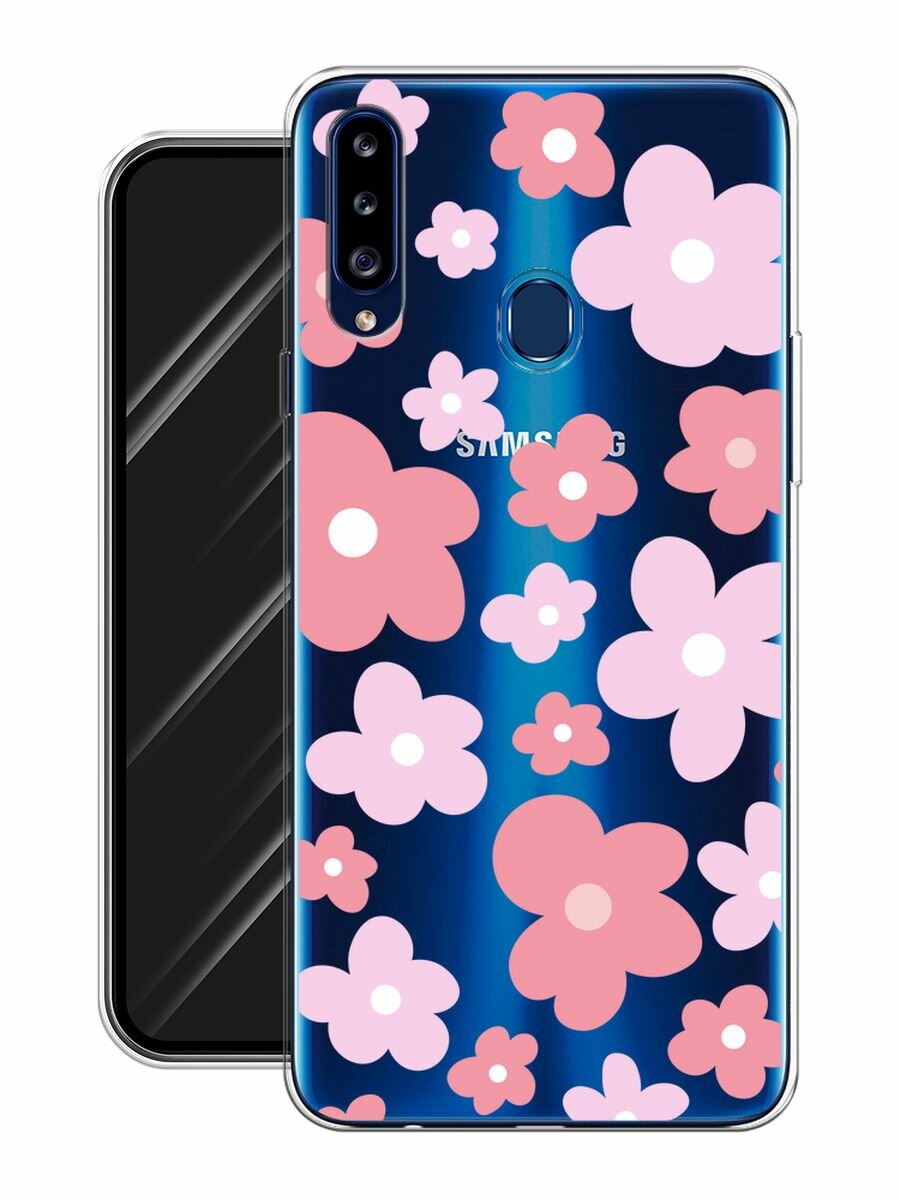 Чехол на Samsung Galaxy A20s / Самсунг Галакси A20s с принтом "Нежные розовые цветочки рисунок", прозрачный — фото 1