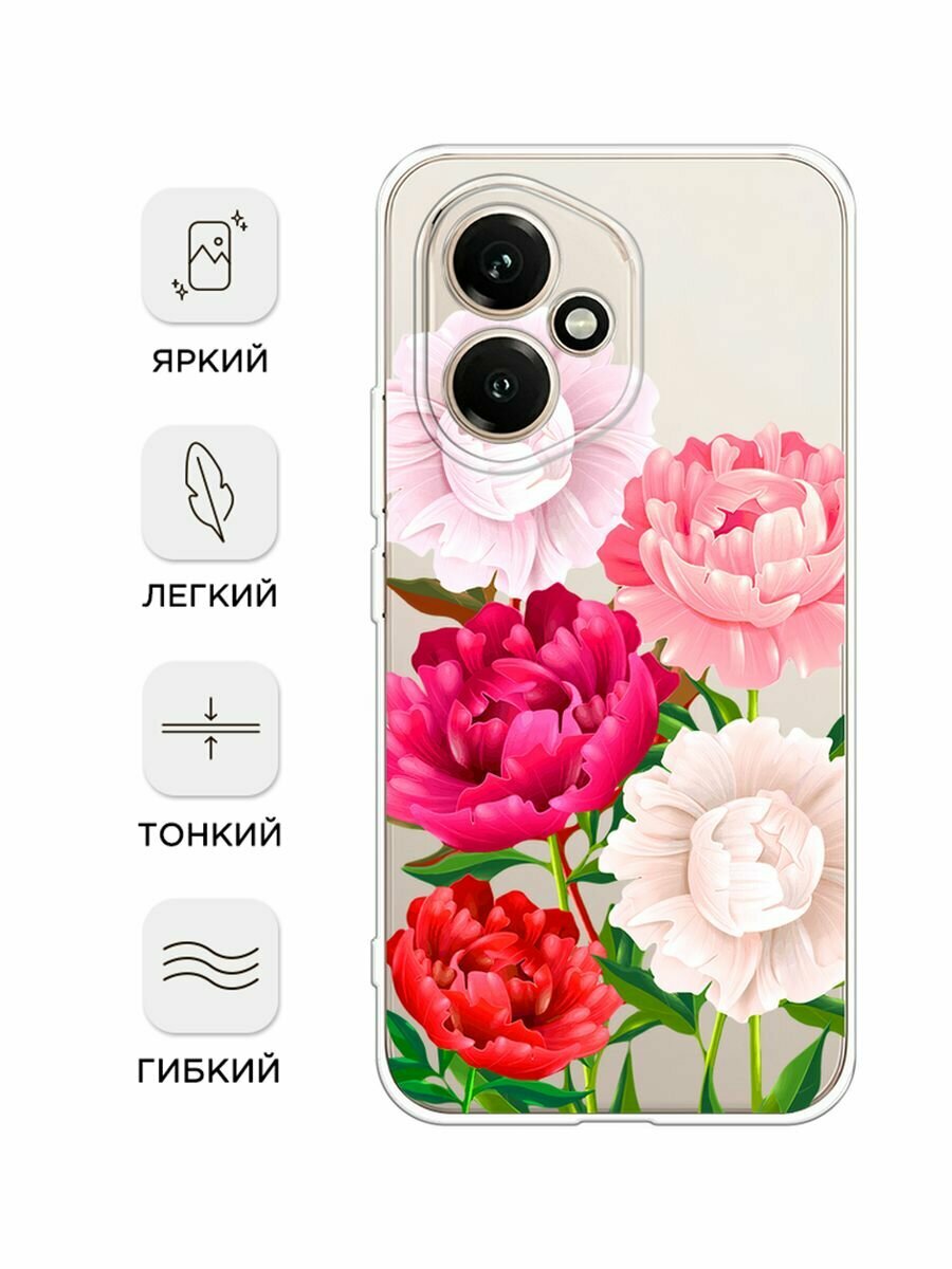 Чехол на Honor 400 / Хонор 400 с принтом "Большие пионы", прозрачный — фото 1