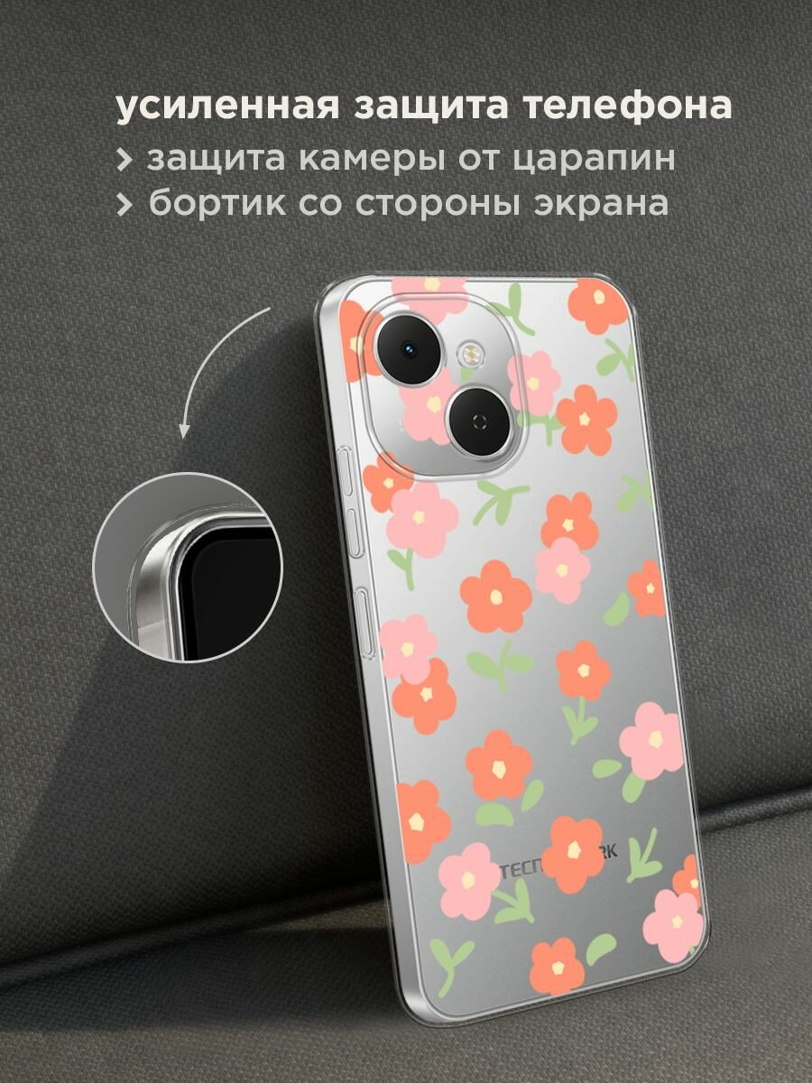 Чехол на Tecno Spark 40C / Текно Спарк 40C с принтом "Красные цветочки рисунок", прозрачный — фото 1