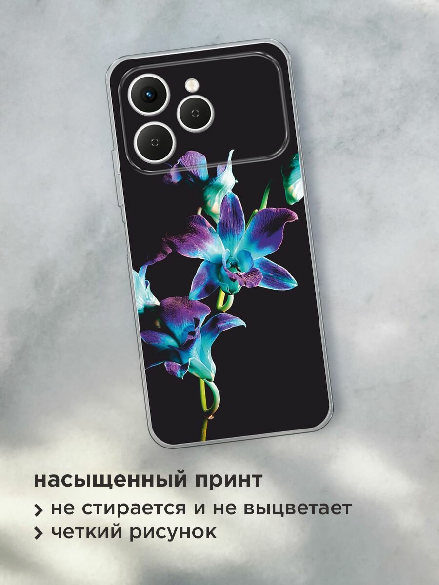 Чехол на Tecno Spark 40 / Текно Спарк 40 с принтом "Синий цветок на черном" — фото 1