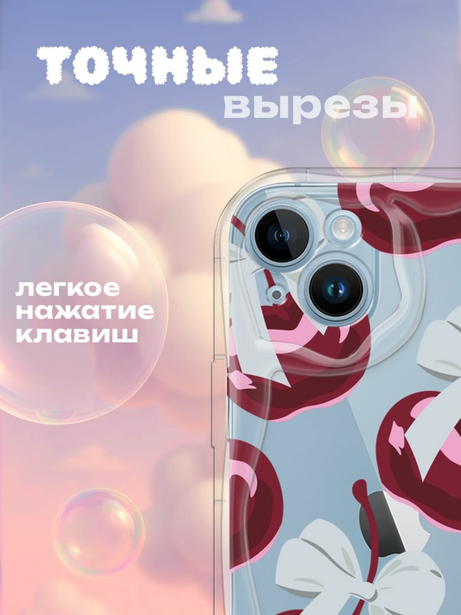 Чехол на Apple iPhone 14 / Айфон 14 с принтом "Вишни с бантами" — фото 1