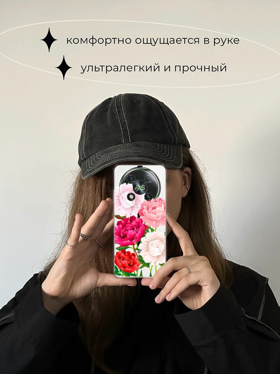 Чехол на Itel RS4 / Ител РС4 с принтом "Большие пионы", прозрачный — фото 1