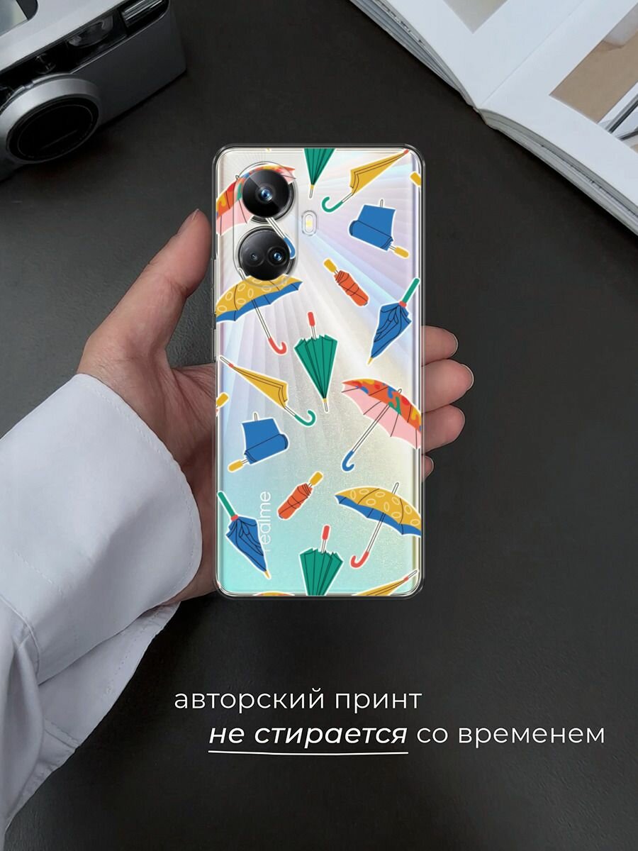 Чехол на Realme 10 Pro+ / Реалми 10 Про+ с принтом "Зонты паттерн", прозрачный — фото 1