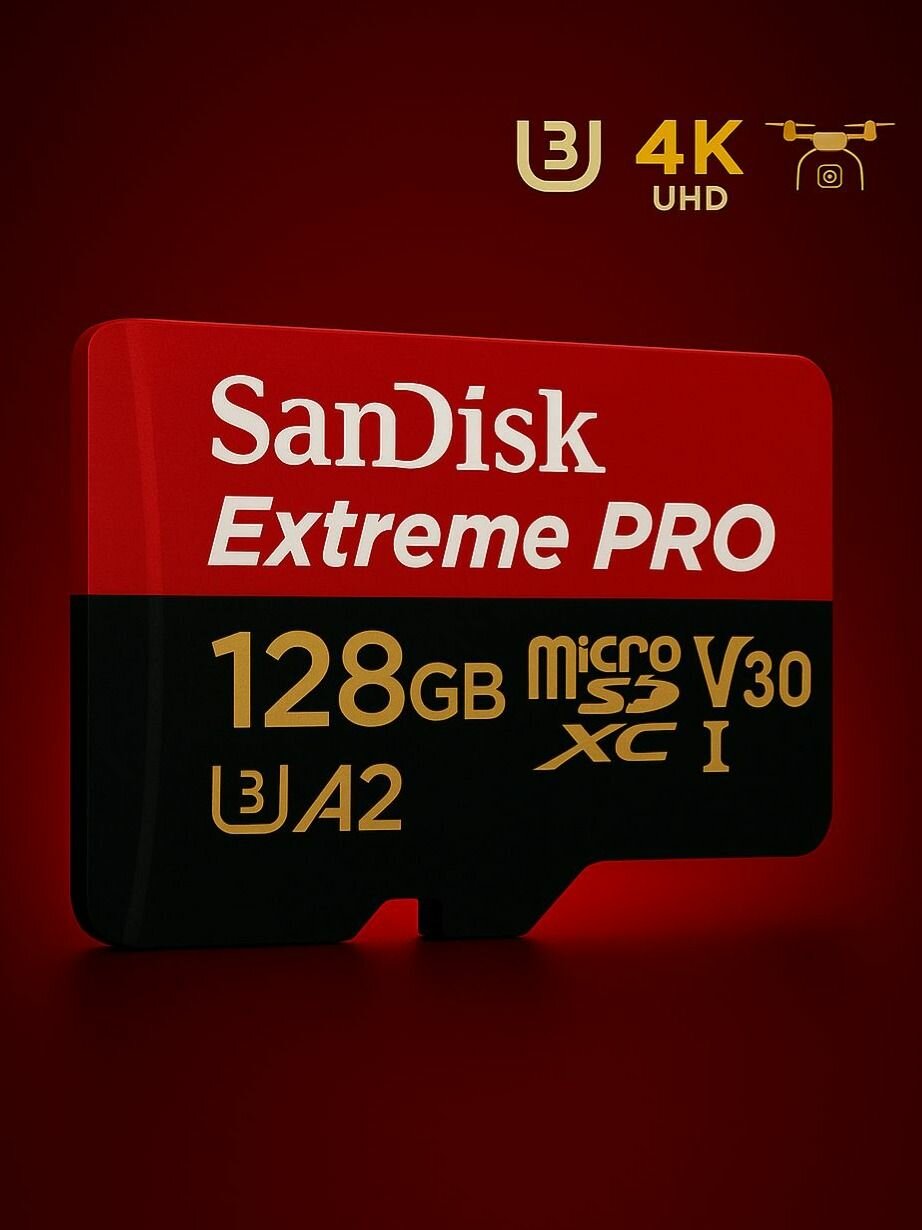 SanDisk 128 Гб Карта памяти microSDXC Extreme Pro (SDSQXCD-128G-GN6MA) Class 10 A2 V30 UHS-I, запись до 90 МБ/с, чтение до 200 Мб/с, с адаптером, для 4K-видео, экшн-камер и дронов