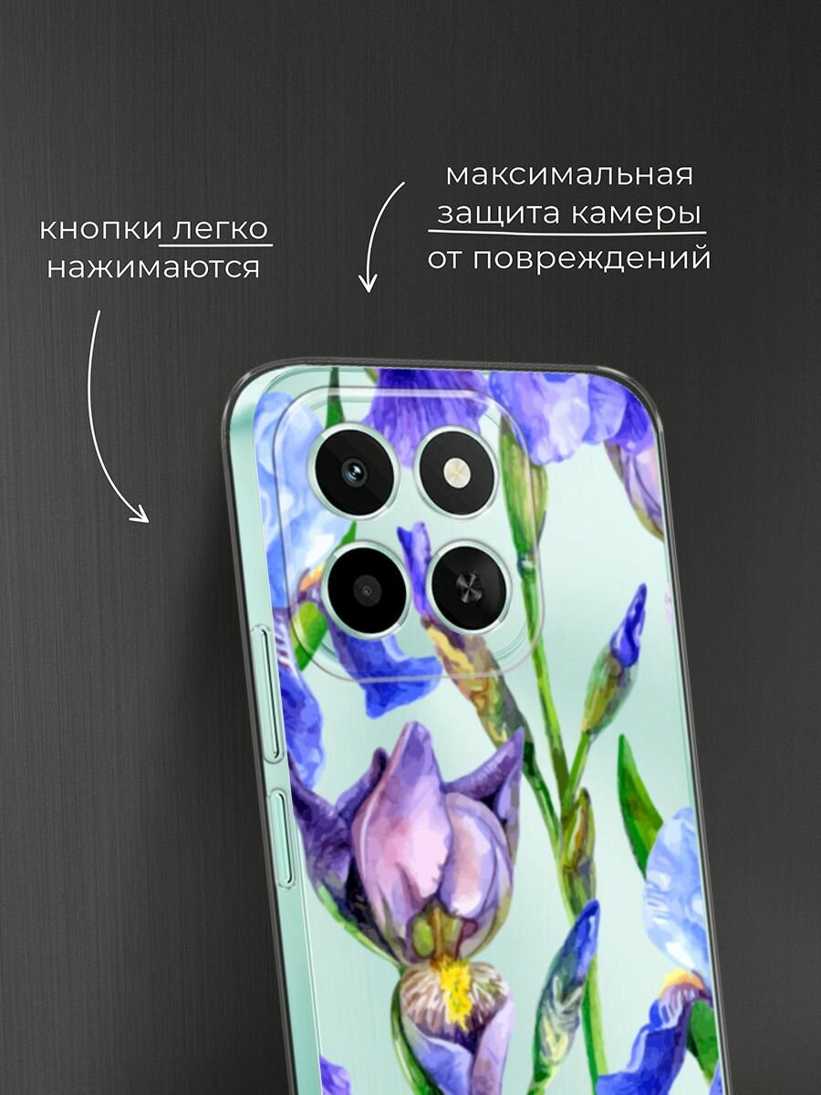 Чехол на Honor X6c / Хонор X6c с принтом "Синие ирисы", прозрачный — фото 1