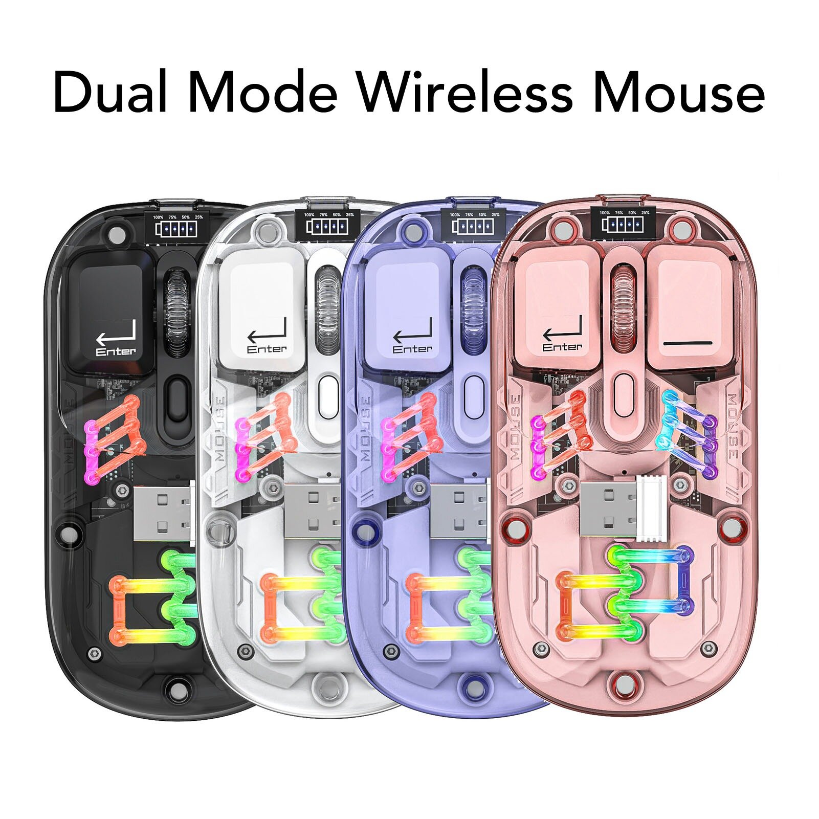 Беспроводная мышь Dual Mode 2.4G BT5.0 3000FPS Магнитная 400mAh Прозрачная RGB мышь для офиса Розовая