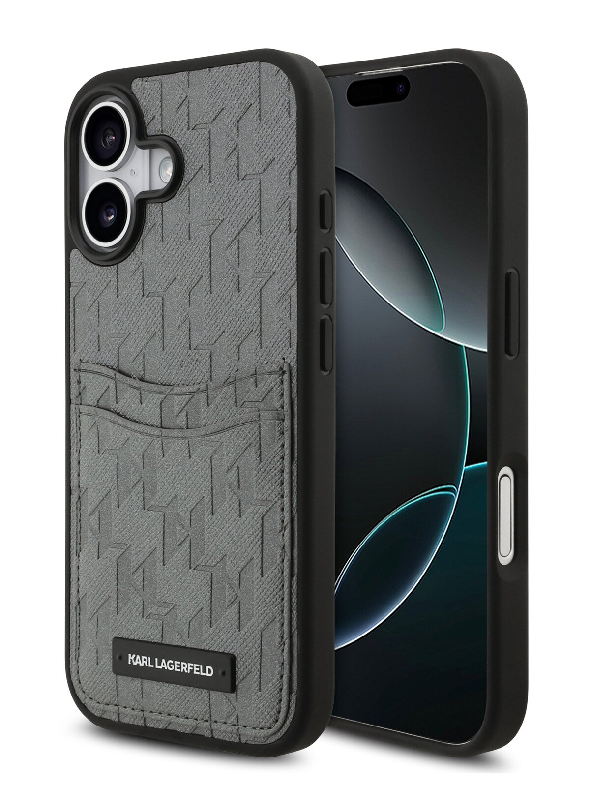 Karl Lagerfeld чехол с карманом для карт на iPhone 17, PU кожа Saffiano Monogram, серебристый