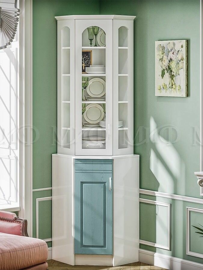 Буфет угловой Констанция белый матовый/голубой/белый миф