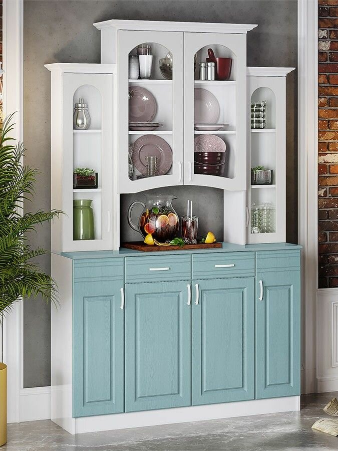 Буфет 4-х створчатый Констанция белый матовый/голубой/белый миф