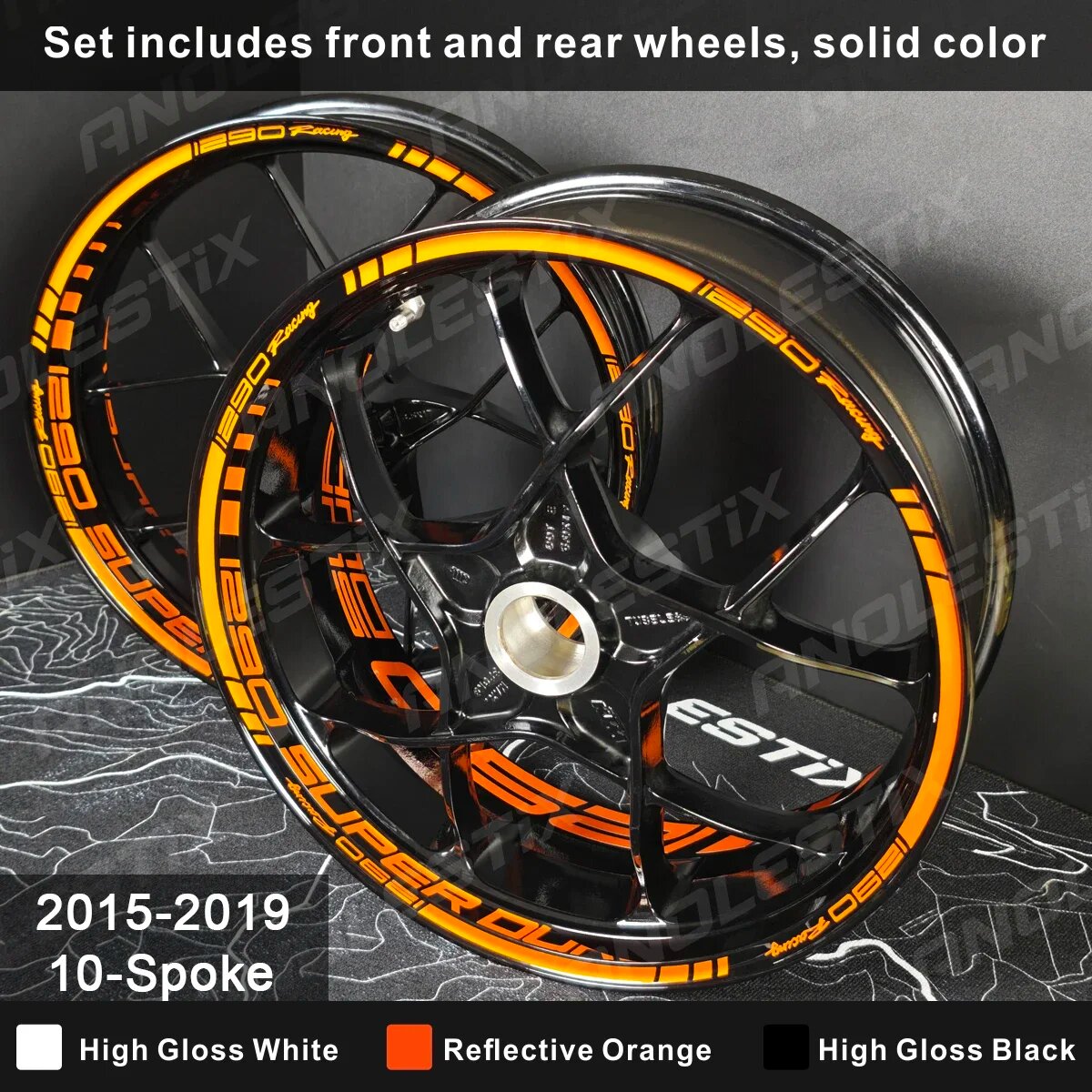 AnoleStix для KTM 1290 Super Duke R 2015-2024, светоотражающая High Gloss Black, 1290 15-19 10 Spoke