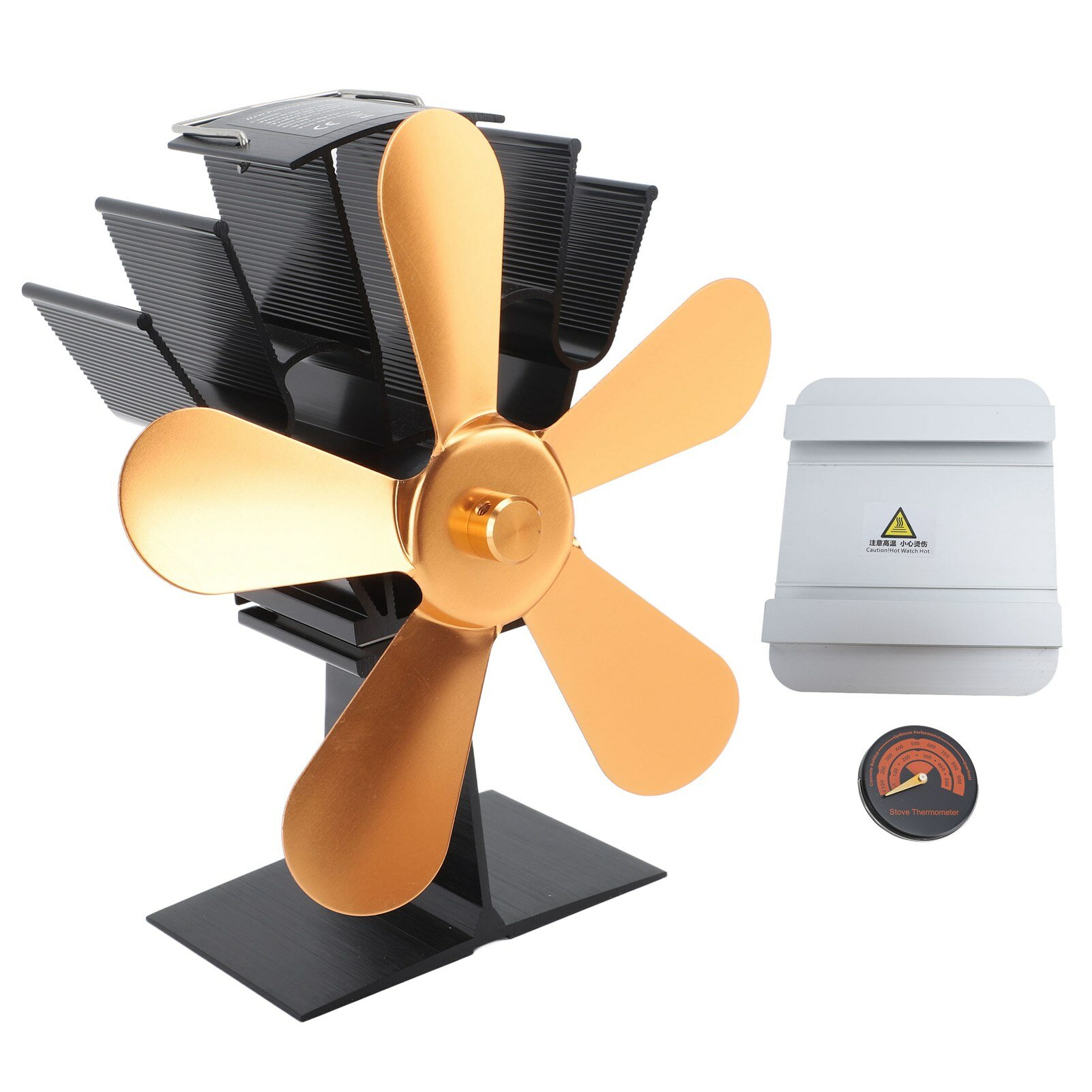 5 Blade Heat Powered Wood Stove Fan Silent Operation Fireplace with Insulation Board Thermometer Vertical I Style Gold