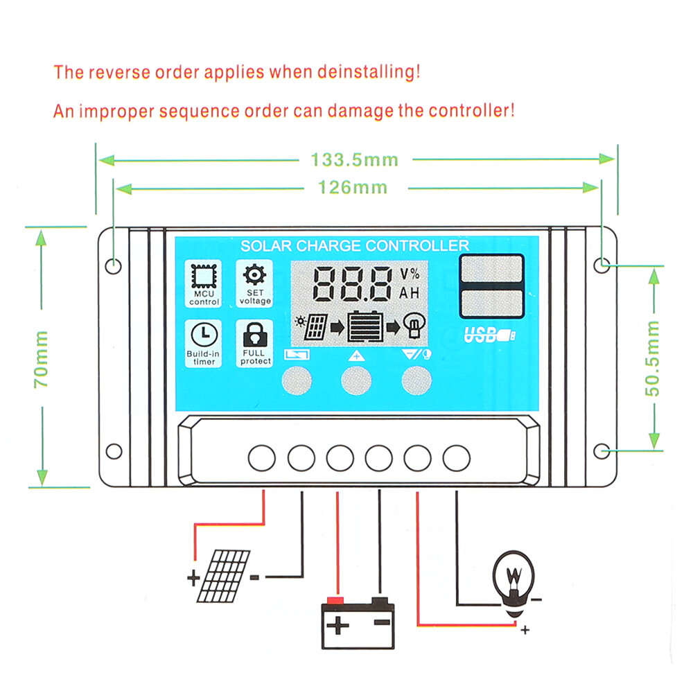 Контроллер заряда солнечной батареи 60А 12В/24В, интеллектуальный ШИМ-регулятор с USB 5В 2,5А