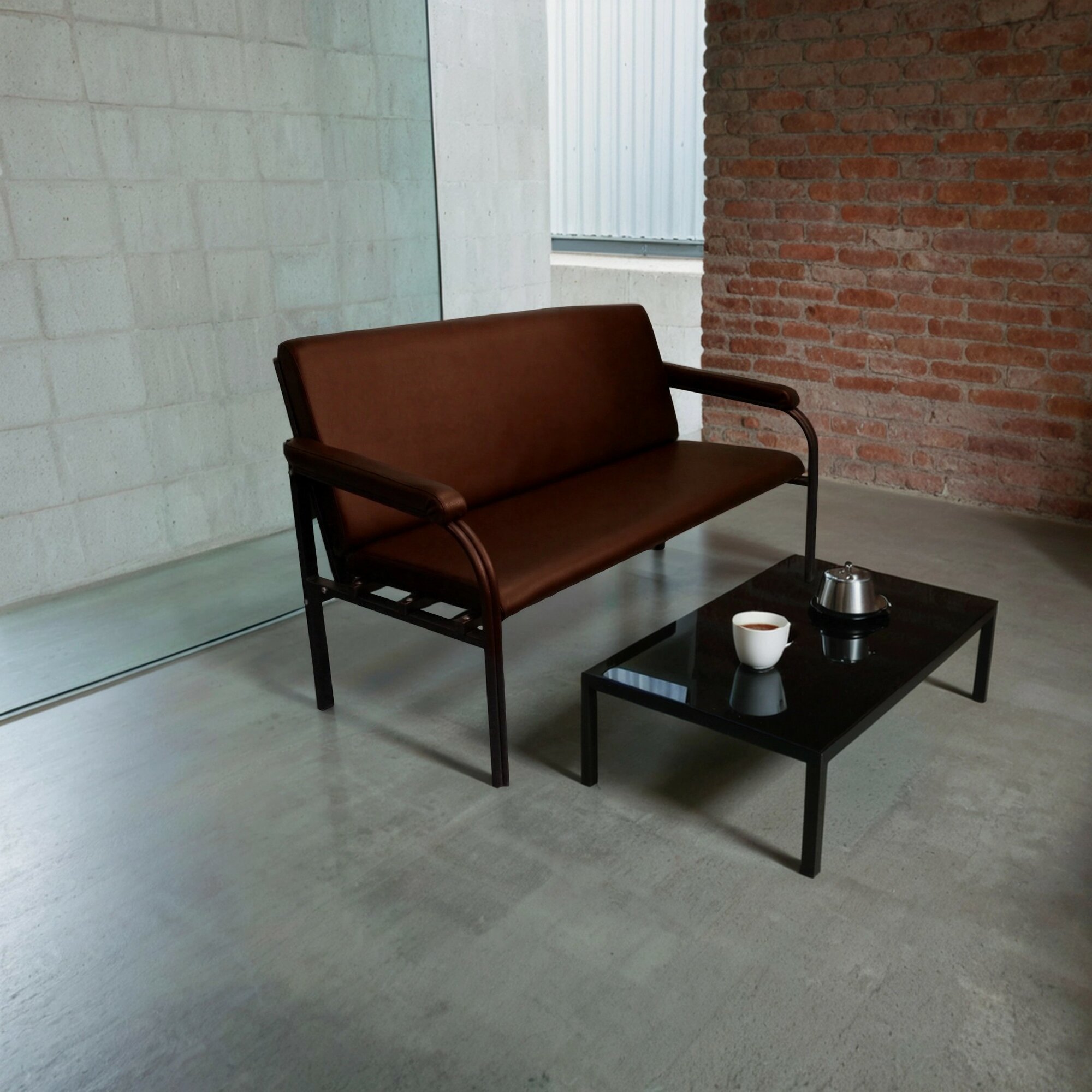 Диван офисный "Сириус Гладкий", 3х-местный, экокожа коричневая, разборный стальной каркас, на дачу, на кухню, в коридор.