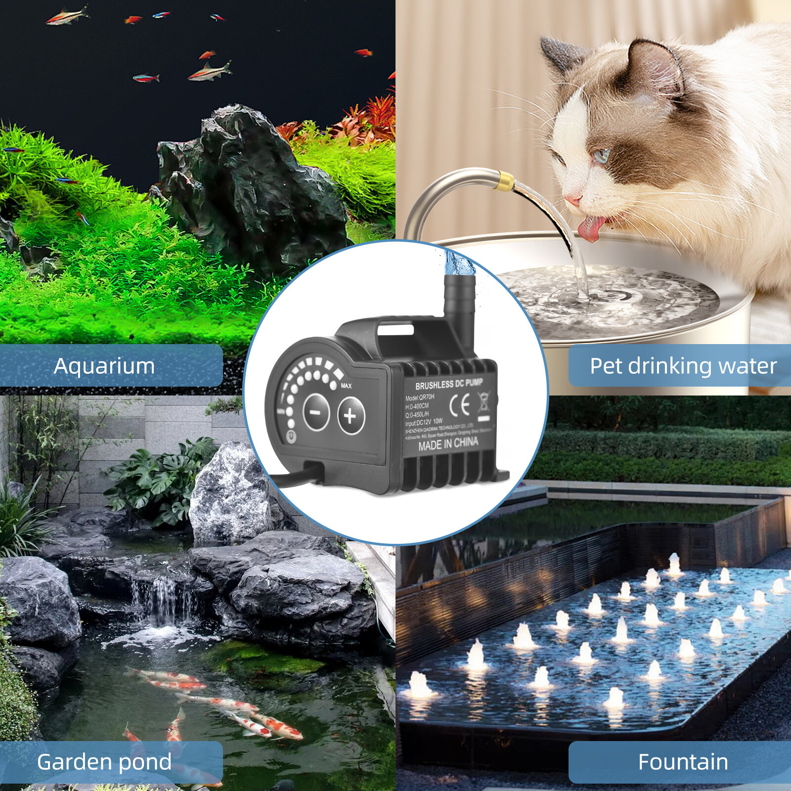 Погружной водяной насос 12 В, 8 уровней регулировки, 0-450 л/ч, небольшой фонтанный насос с подъемом 0-13 футов, 6,5-футовой вилкой постоянного тока и основанием на присоске, портативный мини-насос для аквариума, пруда, аквариума, поения домашних животных