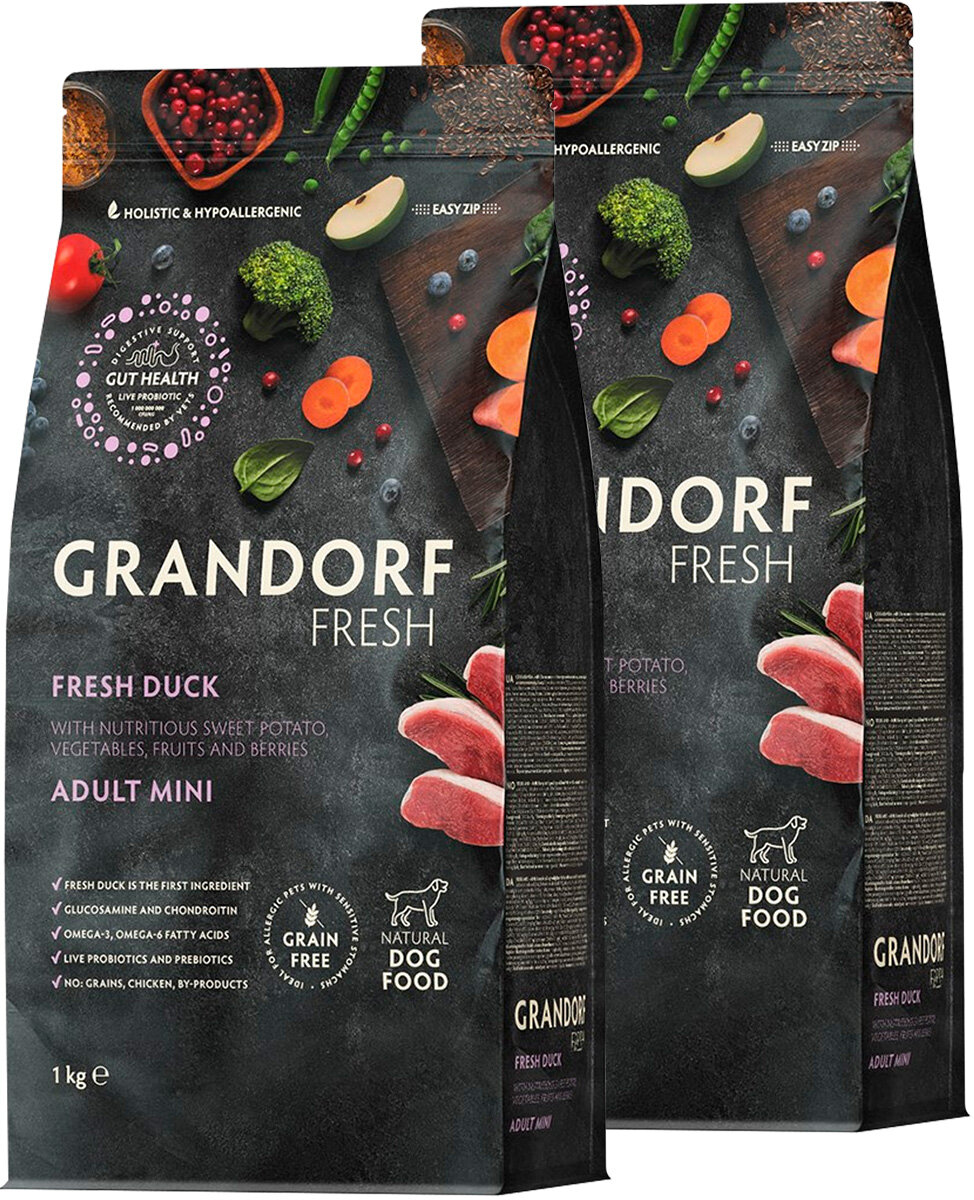 Корм сухой Grandorf Fresh Gf Dog Adult Mini Duck&Sweet Potato беззерновой для взрослых собак маленьких пород с уткой и бататом, 1 кг х 2 шт