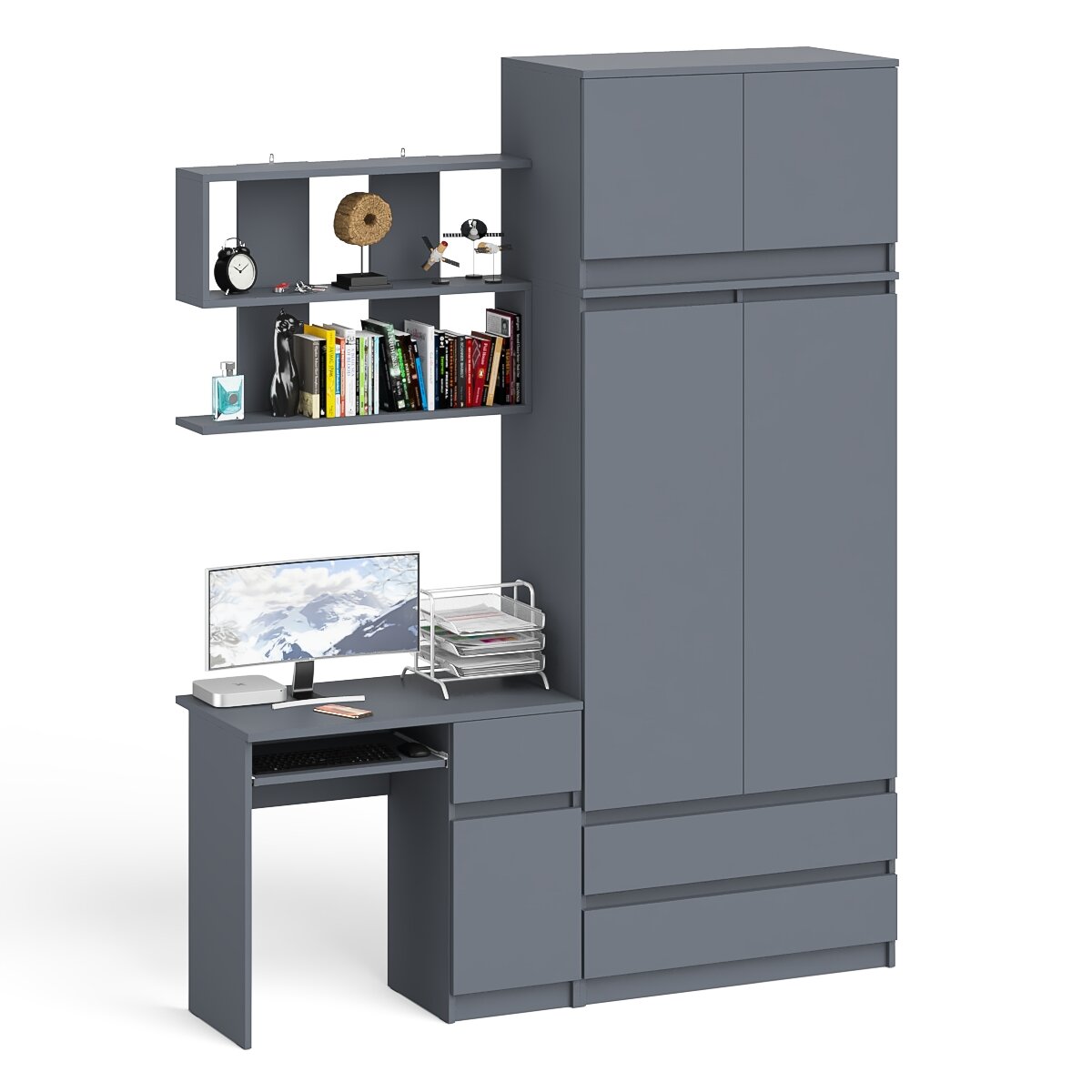 Шкаф с антресолью Мори МА900.1 с компьютерным столом МС-1 правым и книжной полкой графит, 180,4х50,4х234,2 см