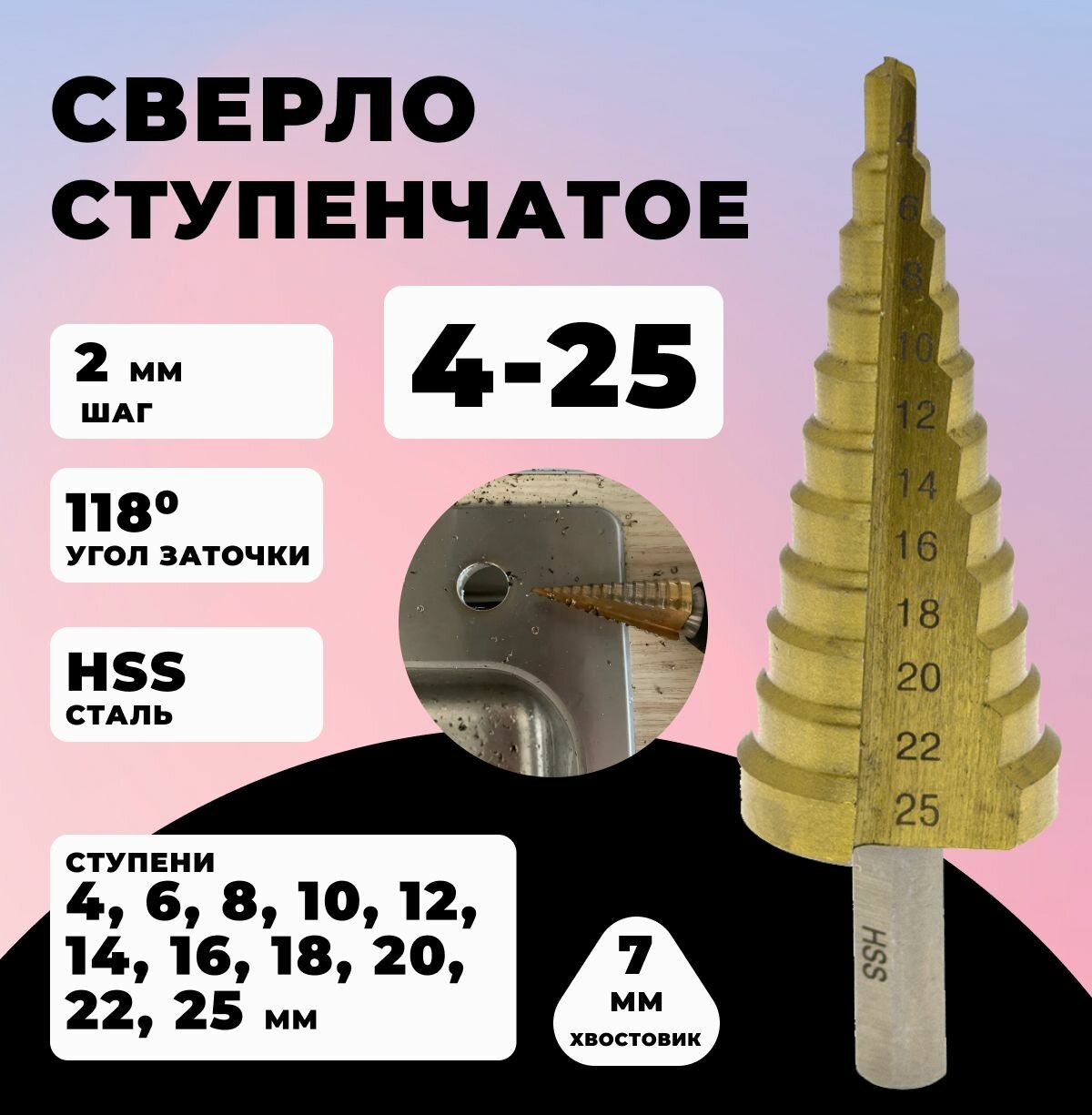 Ступенчатое сверло по металлу 4-25 мм с трехгранным хвостовиком (сталь P6M5)