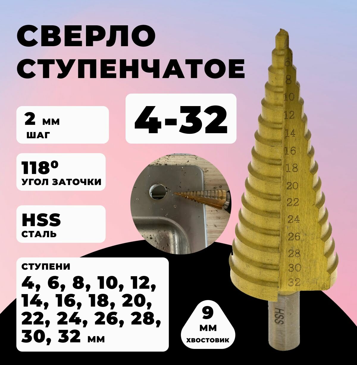 Ступенчатое сверло по металлу 4-32 мм с трехгранным хвостовиком (сталь P6M5)