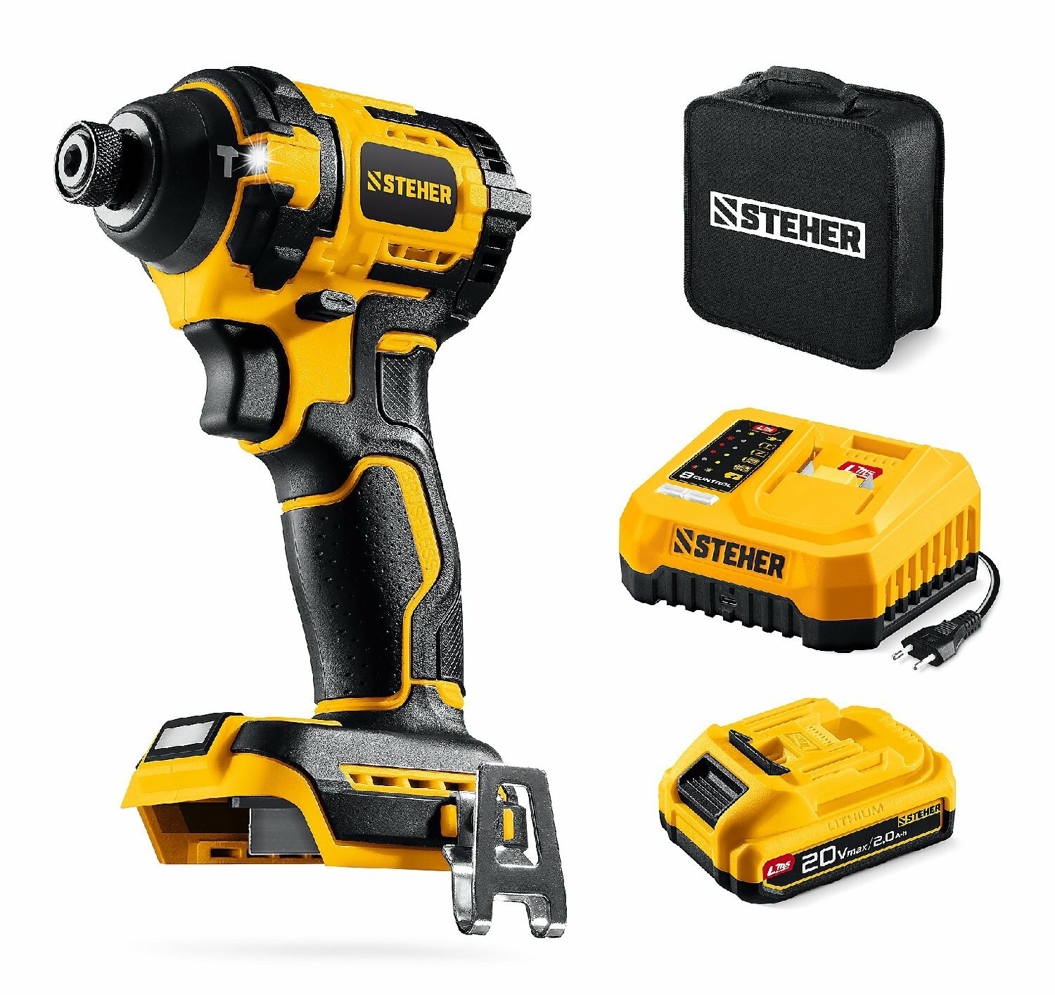 Бесщеточный ударный винтоверт STEHER 20 В 180 Н·м с аккумулятором 2 А·ч 4 скорости 3700 об/мин сумка в комплекте