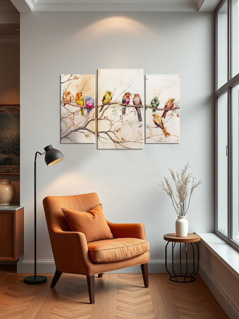 Картина модульная 100х70 см на натуральном холсте для интерьера/ Птички на ветке, Diva Kartina