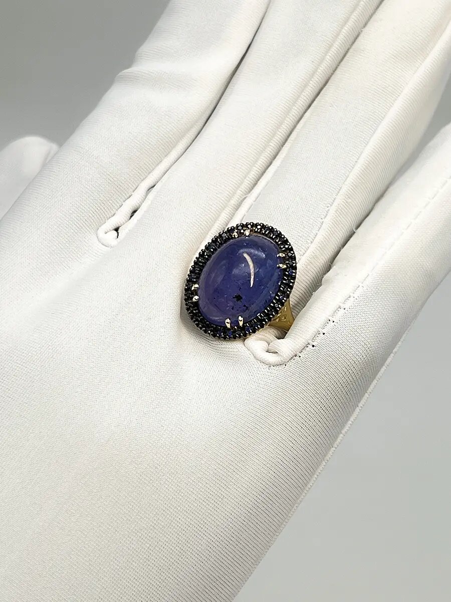 Перстень, желтое золото, 375 проба, сапфир, танзанит