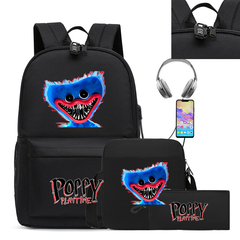 Poppy playtime студенческая школьная сумка из трех предметов Poppy playtime зарядка холст мужской и женский рюкзак