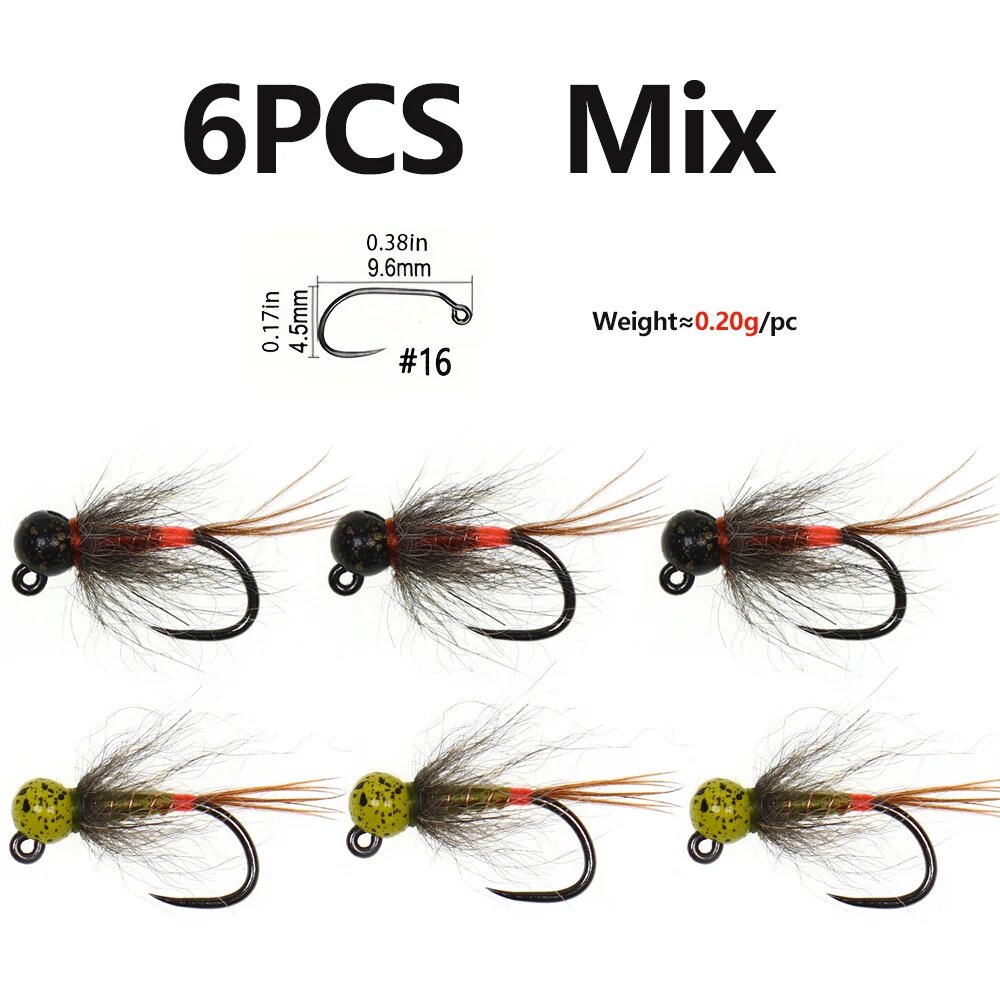 Мушки для рыбалки Euro Nymph, 6 шт, Mix, Size 16