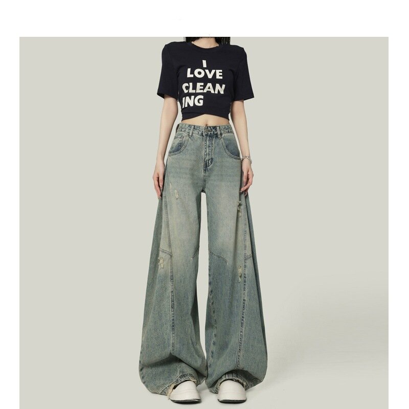 Женские джинсы LI Mall Американские хайстрит для груши — весна-осень новинки высокоходные свободные рваные штаны, Размер_