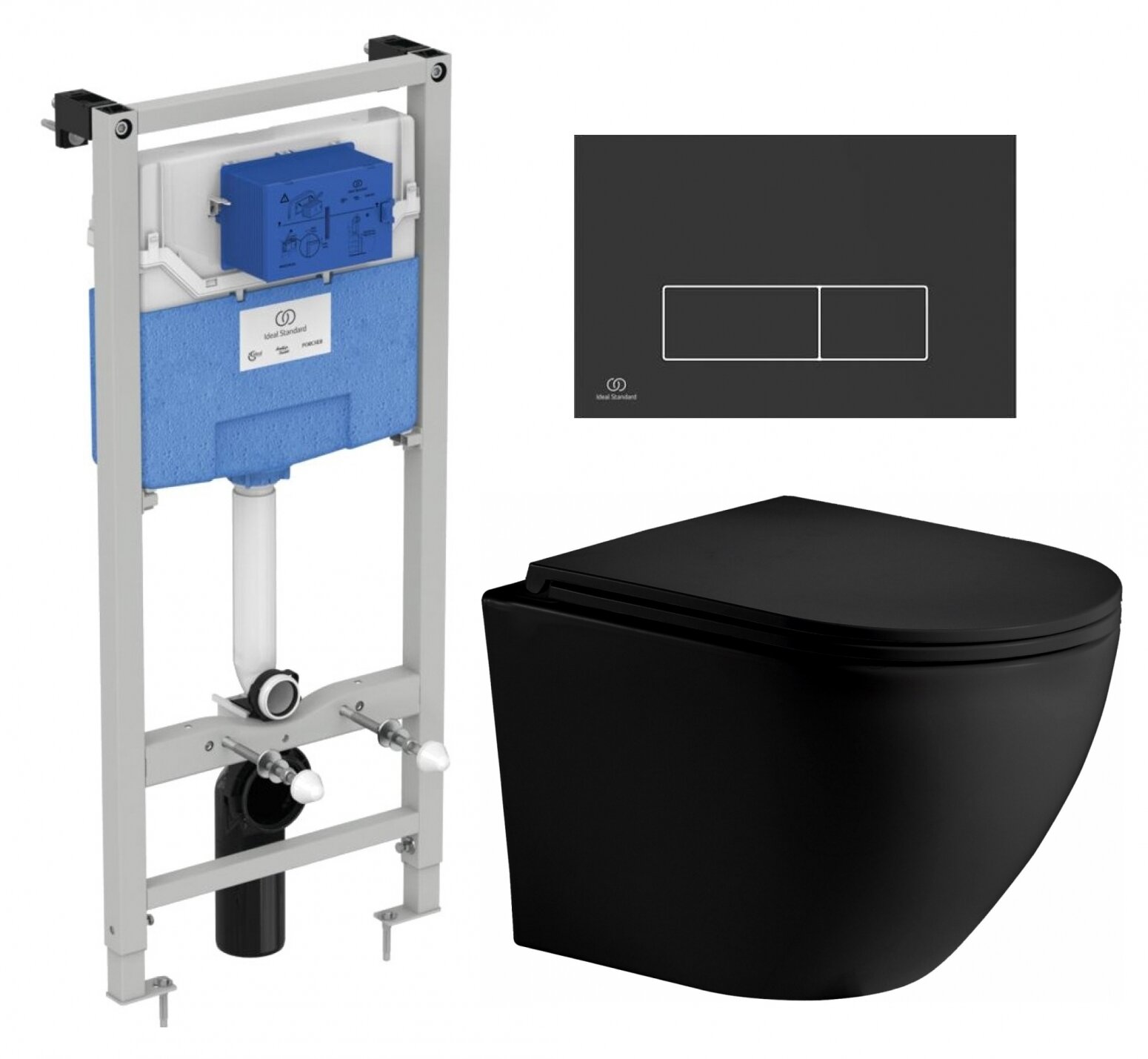 Комплект 3 в 1 инсталляция Ideal Standard + Унитаз подвесной Weltwasser WW Merzbach 043 MT-BL + кнопка черная