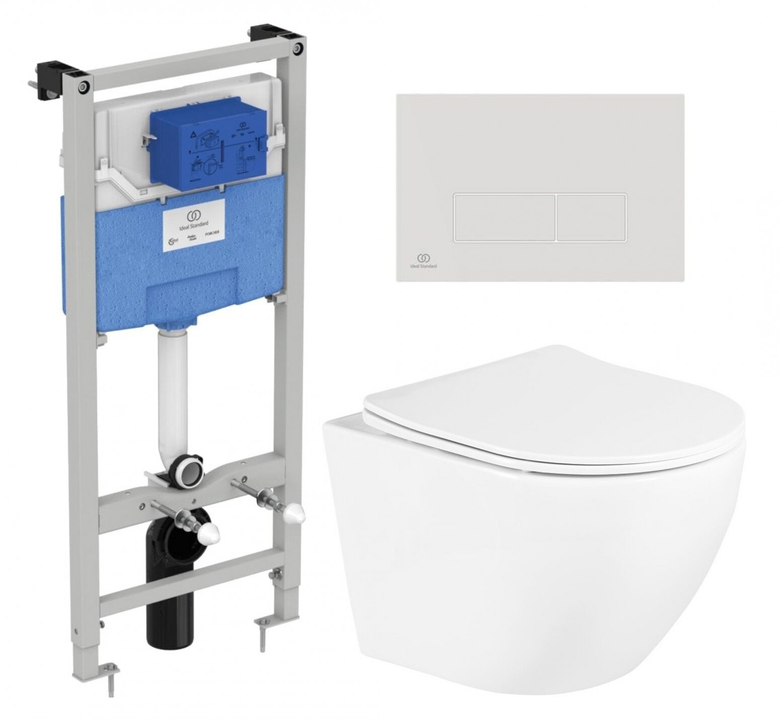 Комплект 3 в 1 инсталляция Ideal Standard + Унитаз подвесной BelBagno Uno BB3105CHR/SC + кнопка белая