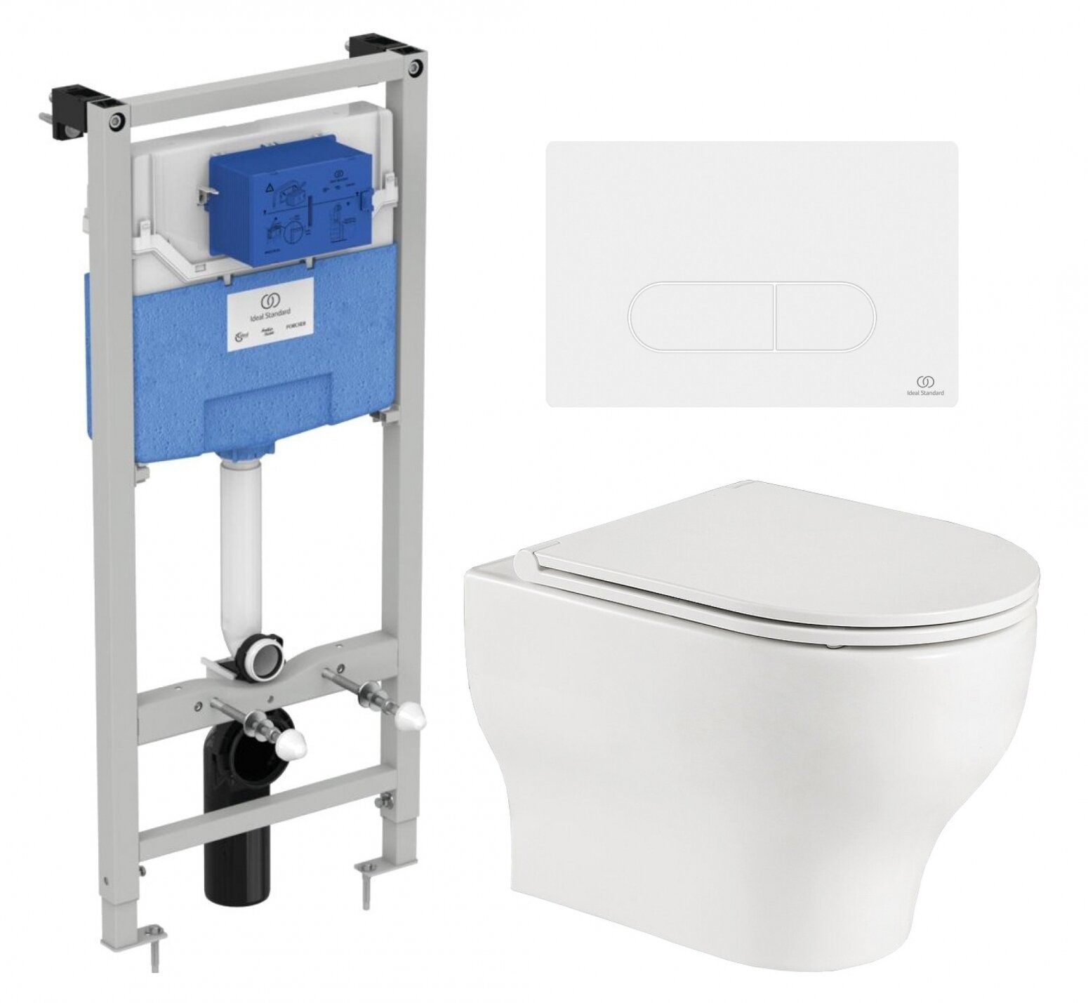 Комплект 3 в 1 инсталляция Ideal Standard + Подвесной унитаз WeltWasser Erlenbach 004 GL-WT + кнопка белая