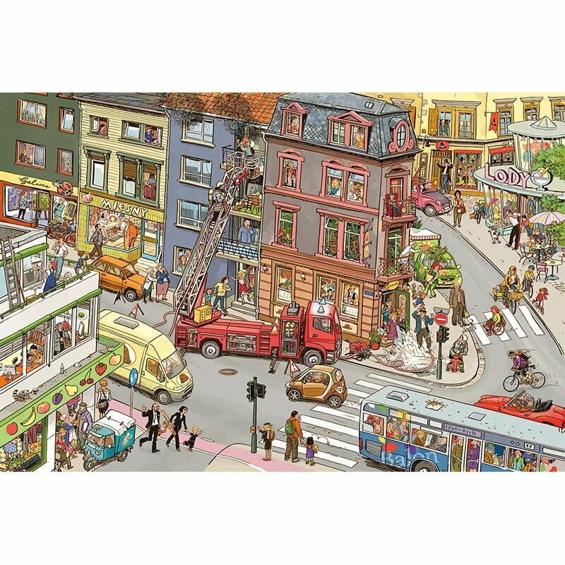 Пазл высокой сложности, панорамный вид на маленький городок в мультяшном стиле, 1000 деталей, 500 с элементами