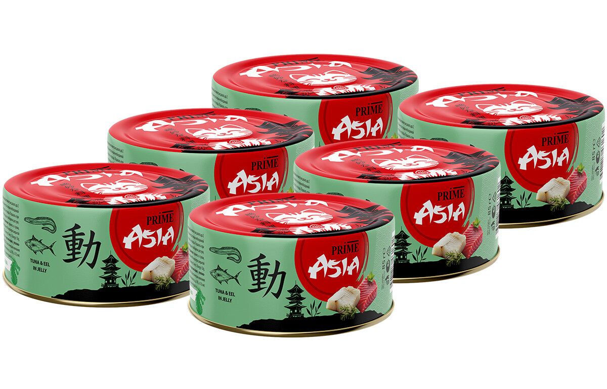 Корм влажный Prime Asia Tuna & Eel для кошек, тунец и угорь в желе, 85 г х 6 шт