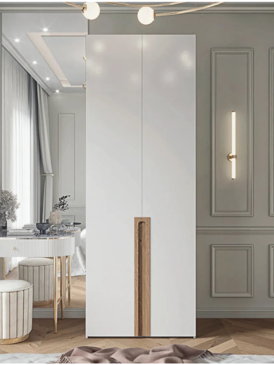 Casa Mia 90х240х60 см. Дизайнерский шкаф распашной 2-дверный с антресолью, белый, ручка из массива дуба