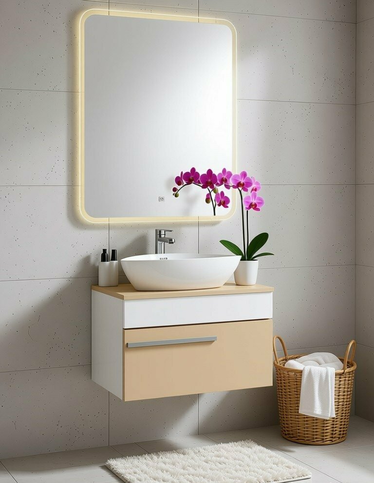 Мебель для ванной Вудлайн 65, белый-кремовый, раковина Трио, зеркало Руан 60х80