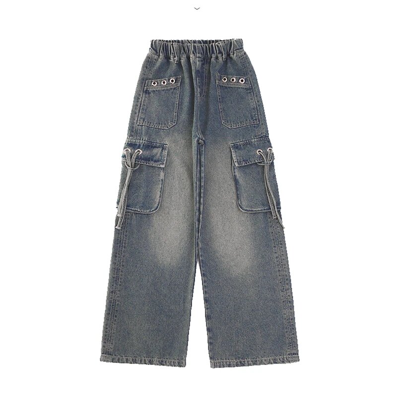 Круто Новые осенние карго-джинсы с карманами модные брюки для подростков-девочек, KLQ Размер_140