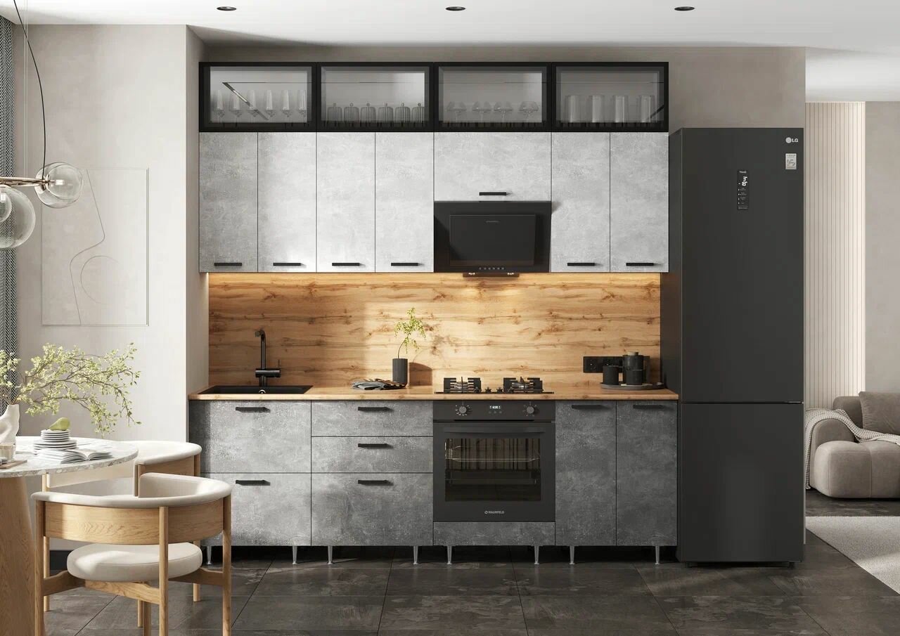 Кухня Рио NEW 2,4 м. Компоновка №4 Бетон светлый/Бетон темный, Графит