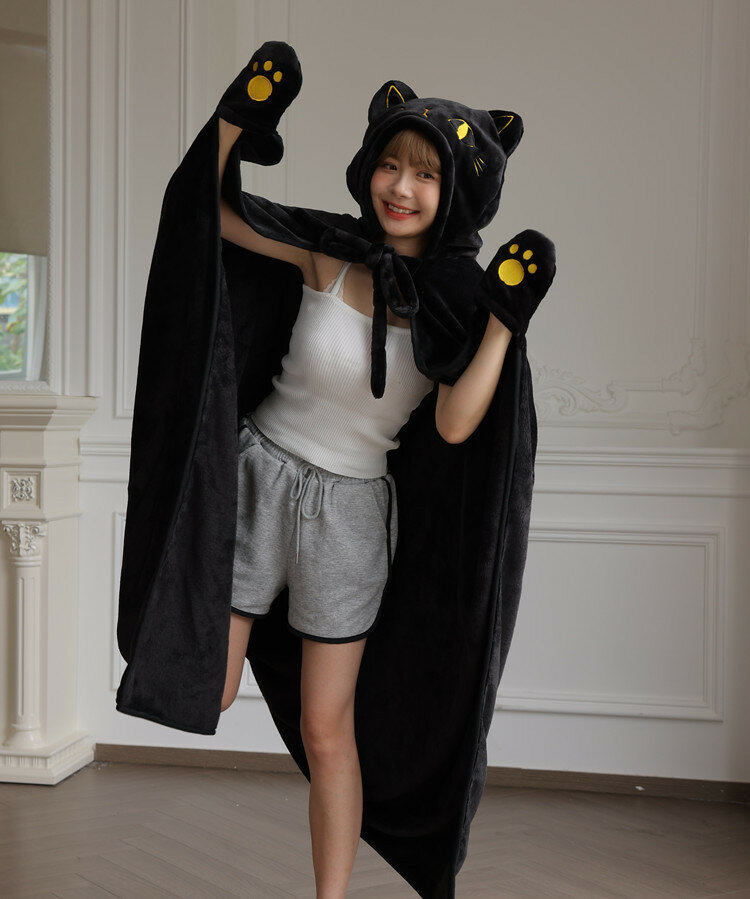 Одеяло на Хэллоуин, шаль в виде котенка, теплый плащ, черный, 115x150cm
