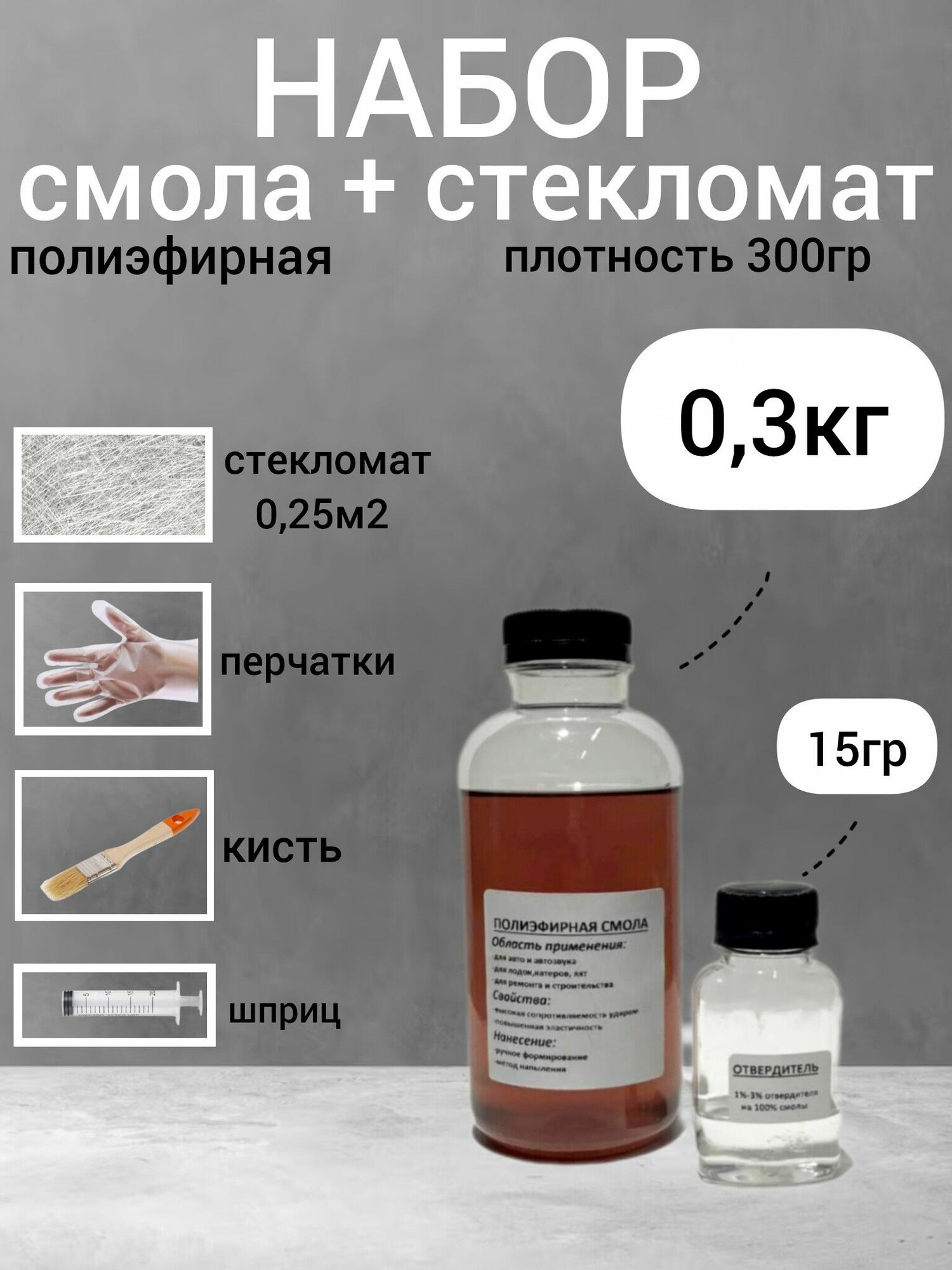 Смола полиэфирная 0,3кг + стекломат 0,3м2, набор для ремонта