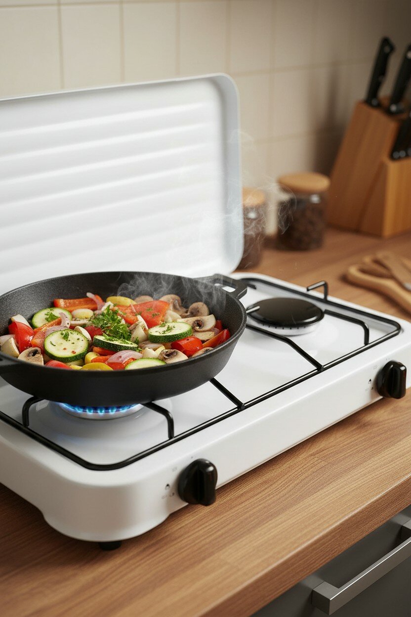 Настольная газовая плитка "OCEAN", 2 конфорки, эмалированная сталь, белая