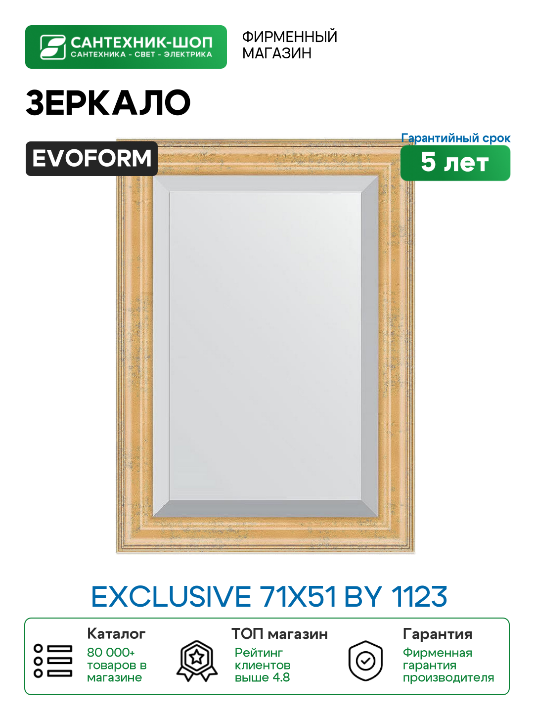 Зеркало Evoform Exclusive 71х51 BY 1123 с фацетом в багетной раме - Сосна 62 мм стекло