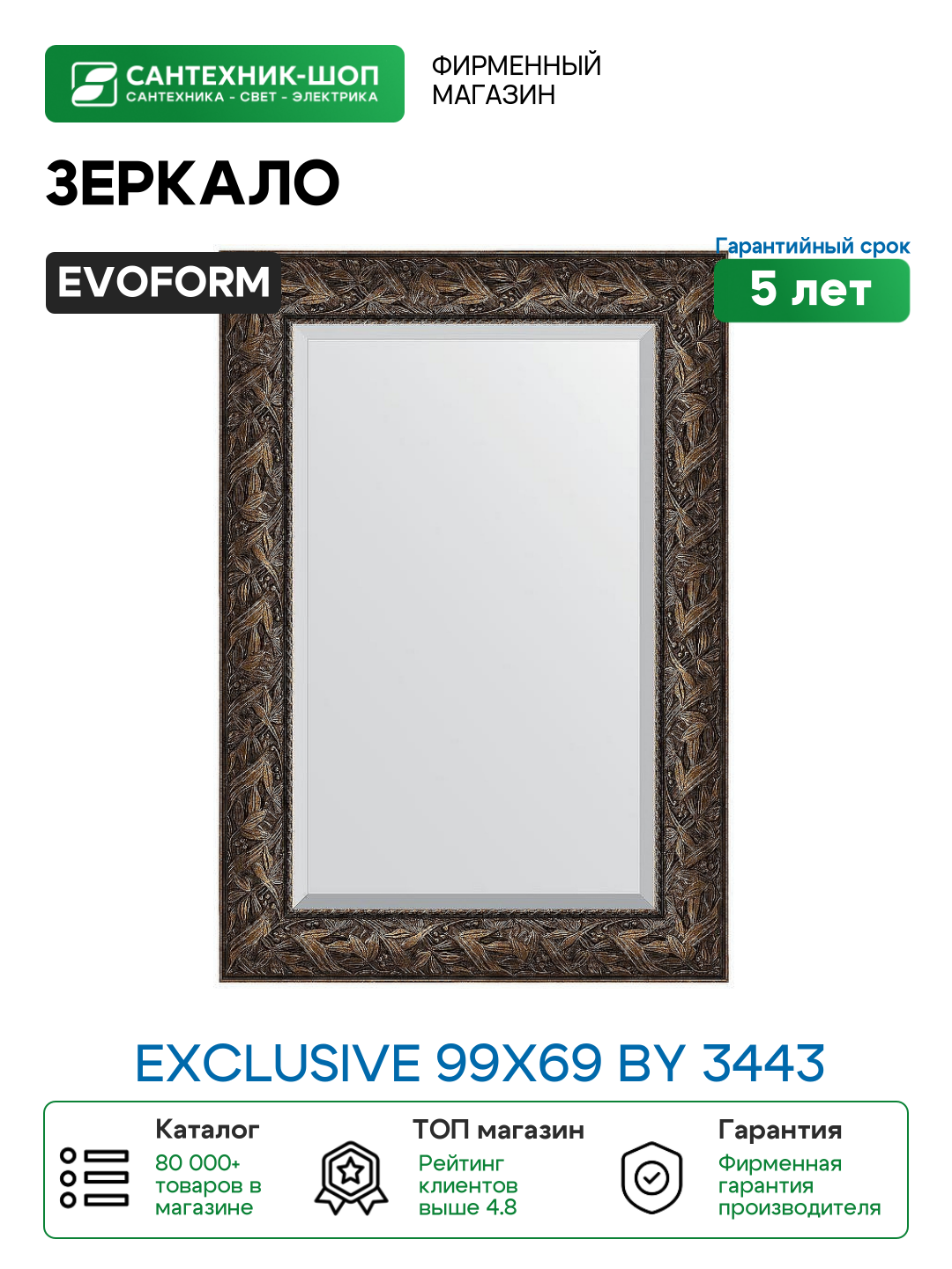 Зеркало Evoform Exclusive 99х69 BY 3443 с фацетом в багетной раме - Византия бронза 99 мм стекло