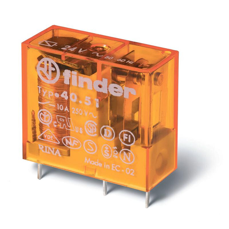 Реле электромеханическое миниатюрное универсальное монтаж на печатную плату или в розетку выводы с шагом 5мм 1CO 10А AgNi 24В DC RTII, FINDER 405190240000 (1 шт.)