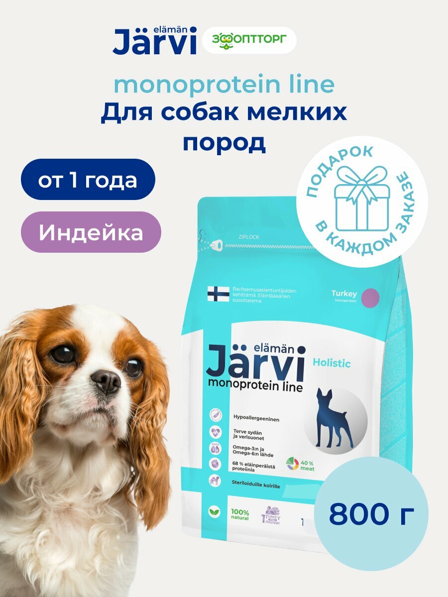 Сухой корм Jarvi Monoprotein line гипоаллергенный holistic для взрослых собак мелких пород с индейкой, 800 г