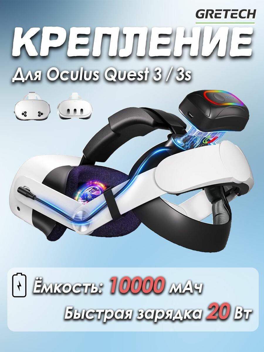 Крепление на голову для VR Oculus Quest 3/3S, большая емкость 10000 мАч, экспресс-зарядка мощностью 20 Вт