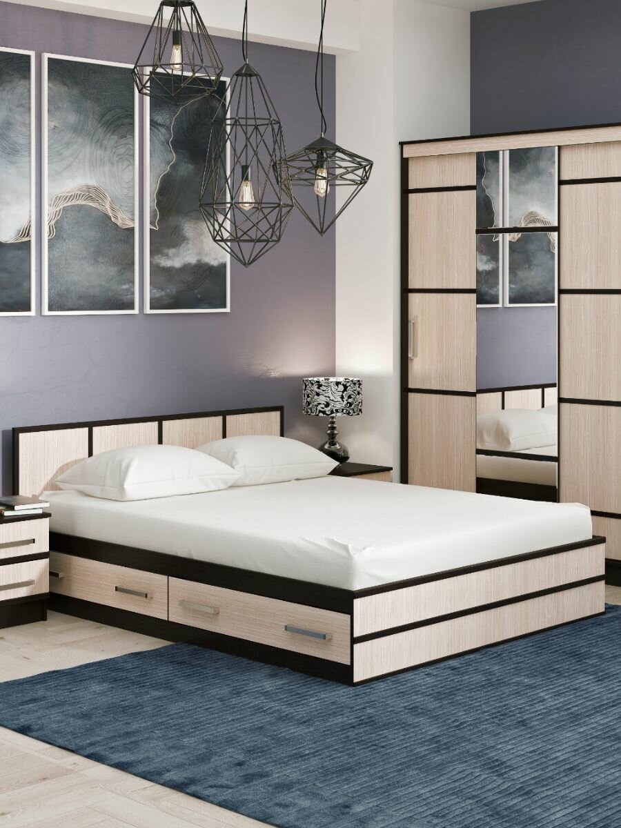 Кровать двуспальная Сакура 1,4 1530х800х2037, Дуб беленый/Венге, с выдвижными ящиками, МИФ